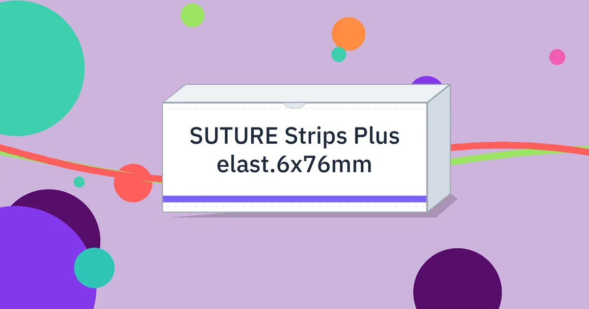 Symbolbild: Packung mit der Aufschrift SUTURE Strips Plus elast.6x76mm (PZN 00033761) – Verfügbarkeit und Bezug in Apotheken in Frankfurt am Main