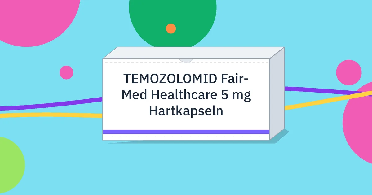 Symbolbild: Packung mit der Aufschrift TEMOZOLOMID Fair-Med Healthcare 5 mg Hartkapseln (PZN 10097420) – Verfügbarkeit und Bezug in Apotheken in Frankfurt am Main