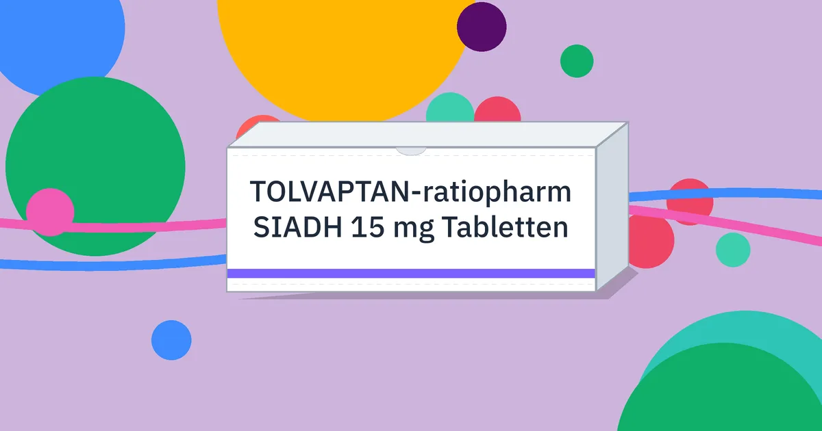 Symbolbild: Packung mit der Aufschrift TOLVAPTAN-ratiopharm SIADH 15 mg Tabletten (PZN 20058059) – Verfügbarkeit und Bezug in Apotheken in Frankfurt am Main
