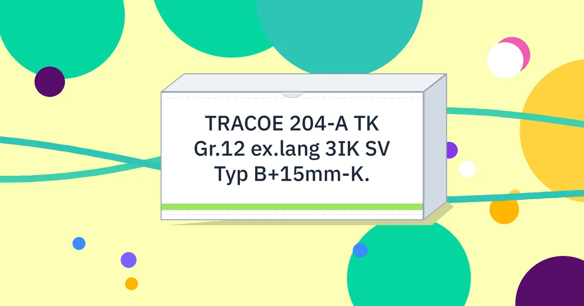 Symbolbild: Packung mit der Aufschrift TRACOE 204-A TK Gr.12 ex.lang 3IK SV Typ B+15mm-K. (PZN 00918962) – Verfügbarkeit und Bezug in Apotheken in Frankfurt am Main