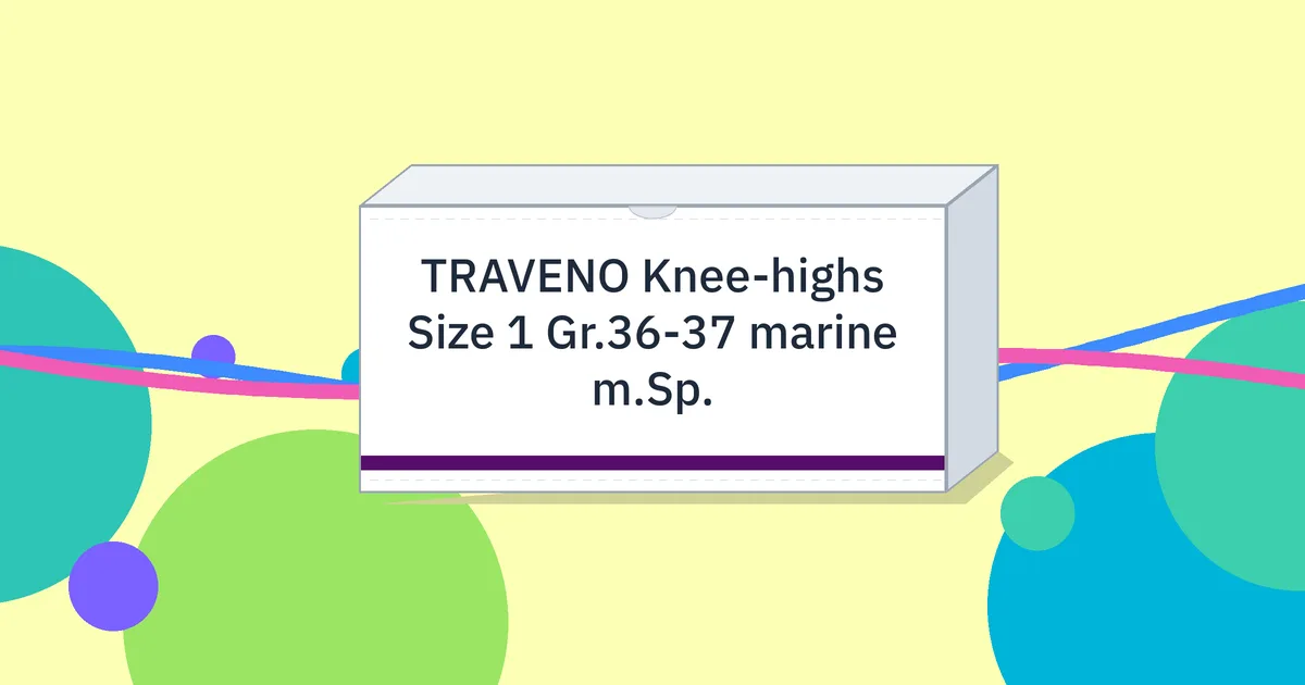 Symbolbild: Packung mit der Aufschrift TRAVENO Knee-highs Size 1 Gr.36-37 marine m.Sp. (PZN 17602772) – Verfügbarkeit und Bezug in Apotheken in Frankfurt am Main