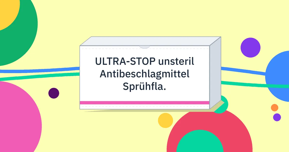 Symbolbild: Packung mit der Aufschrift ULTRA-STOP unsteril Antibeschlagmittel Sprühfla. (PZN 13873273) – Verfügbarkeit und Bezug in Apotheken in Frankfurt am Main