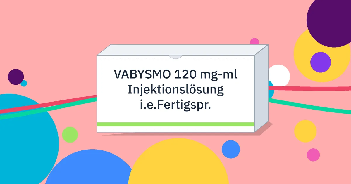 Symbolbild: Packung mit der Aufschrift VABYSMO 120 mg-ml Injektionslösung i.e.Fertigspr. (PZN 19774276) – Verfügbarkeit und Bezug in Apotheken in Frankfurt am Main