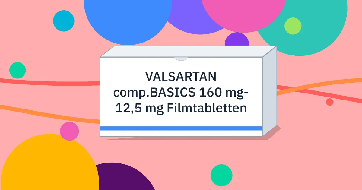 Symbolbild: Packung mit der Aufschrift VALSARTAN comp.BASICS 160 mg-12,5 mg Filmtabletten (PZN 08472135) – Verfügbarkeit und Bezug in Apotheken in Frankfurt am Main