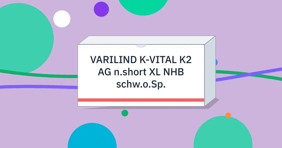 Symbolbild: Packung mit der Aufschrift VARILIND K-VITAL K2 AG n.short XL NHB schw.o.Sp. (PZN 20565218) – Verfügbarkeit und Bezug in Apotheken in Frankfurt am Main
