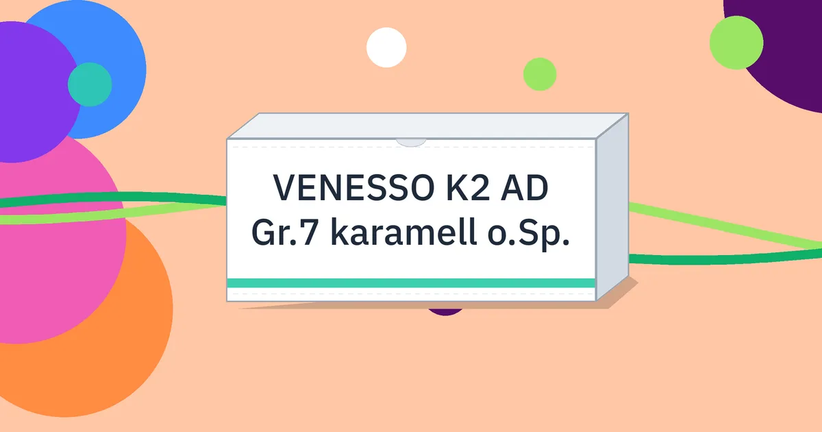 Symbolbild: Packung mit der Aufschrift VENESSO K2 AD Gr.7 karamell o.Sp. (PZN 13758193) – Verfügbarkeit und Bezug in Apotheken in Frankfurt am Main