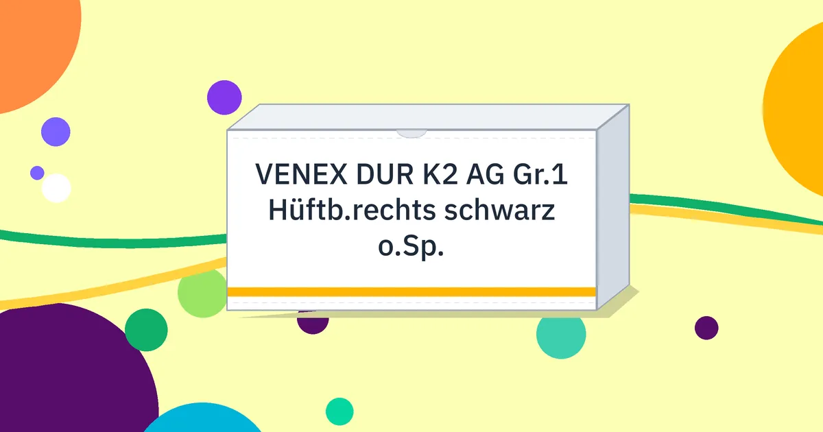 Symbolbild: Packung mit der Aufschrift VENEX DUR K2 AG Gr.1 Hüftb.rechts schwarz o.Sp. (PZN 03232780) – Verfügbarkeit und Bezug in Apotheken in Frankfurt am Main