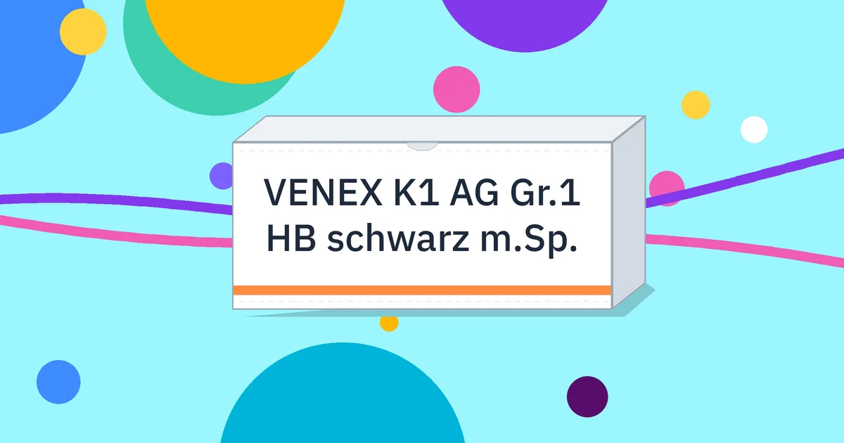 Symbolbild: Packung mit der Aufschrift VENEX K1 AG Gr.1 HB schwarz m.Sp. (PZN 03191928) – Verfügbarkeit und Bezug in Apotheken in Frankfurt am Main