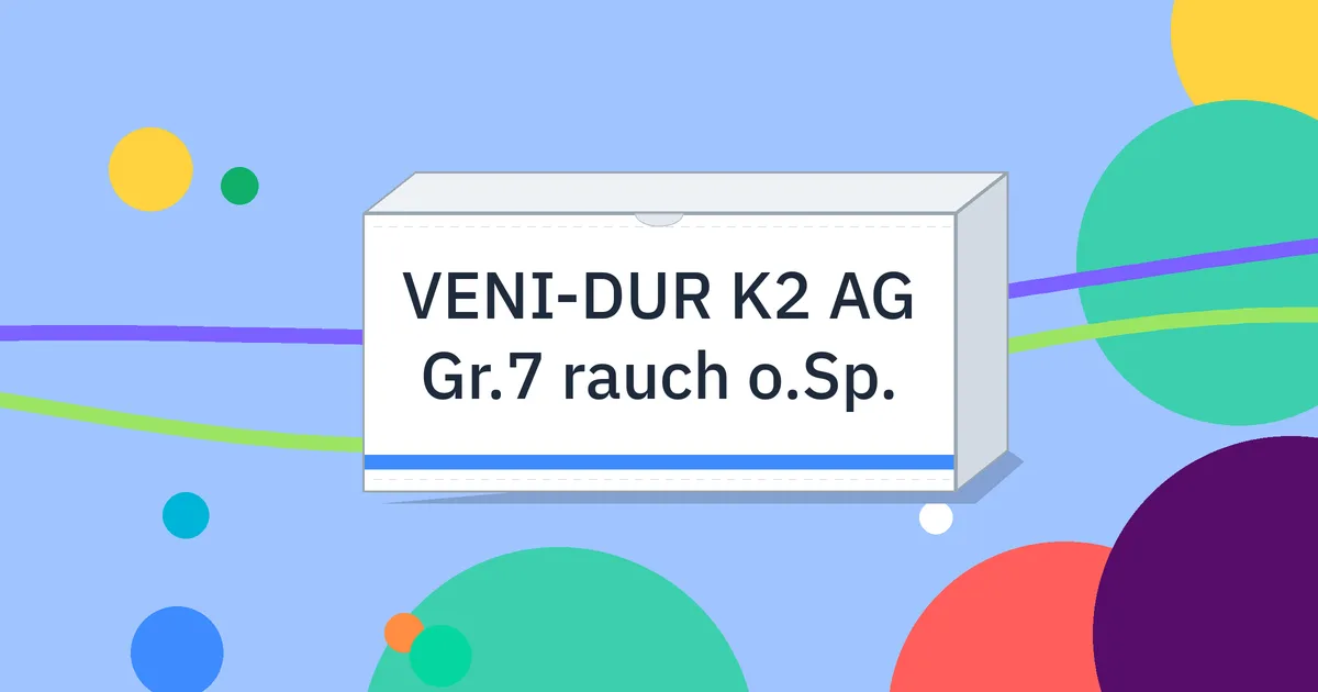 Symbolbild: Packung mit der Aufschrift VENI-DUR K2 AG Gr.7 rauch o.Sp. (PZN 03246316) – Verfügbarkeit und Bezug in Apotheken in Frankfurt am Main