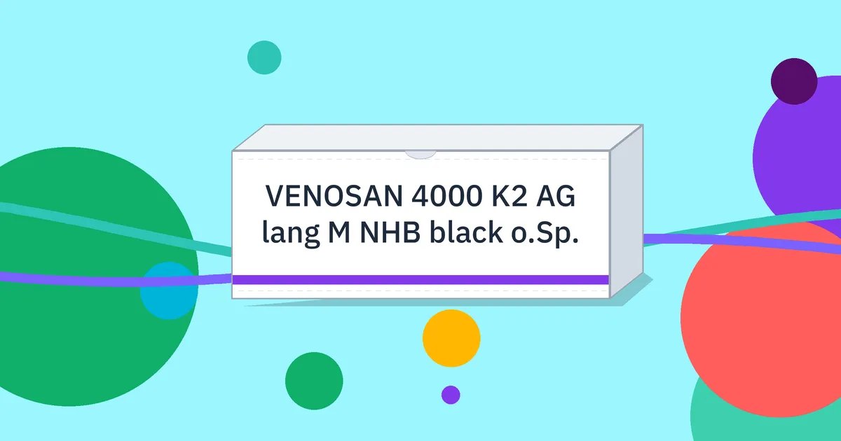 Symbolbild: Packung mit der Aufschrift VENOSAN 4000 K2 AG lang M NHB black o.Sp. (PZN 14427759) – Verfügbarkeit und Bezug in Apotheken in Frankfurt am Main