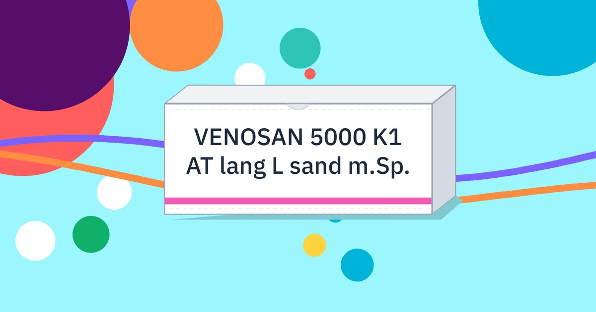 Symbolbild: Packung mit der Aufschrift VENOSAN 5000 K1 AT lang L sand m.Sp. (PZN 14428204) – Verfügbarkeit und Bezug in Apotheken in Frankfurt am Main