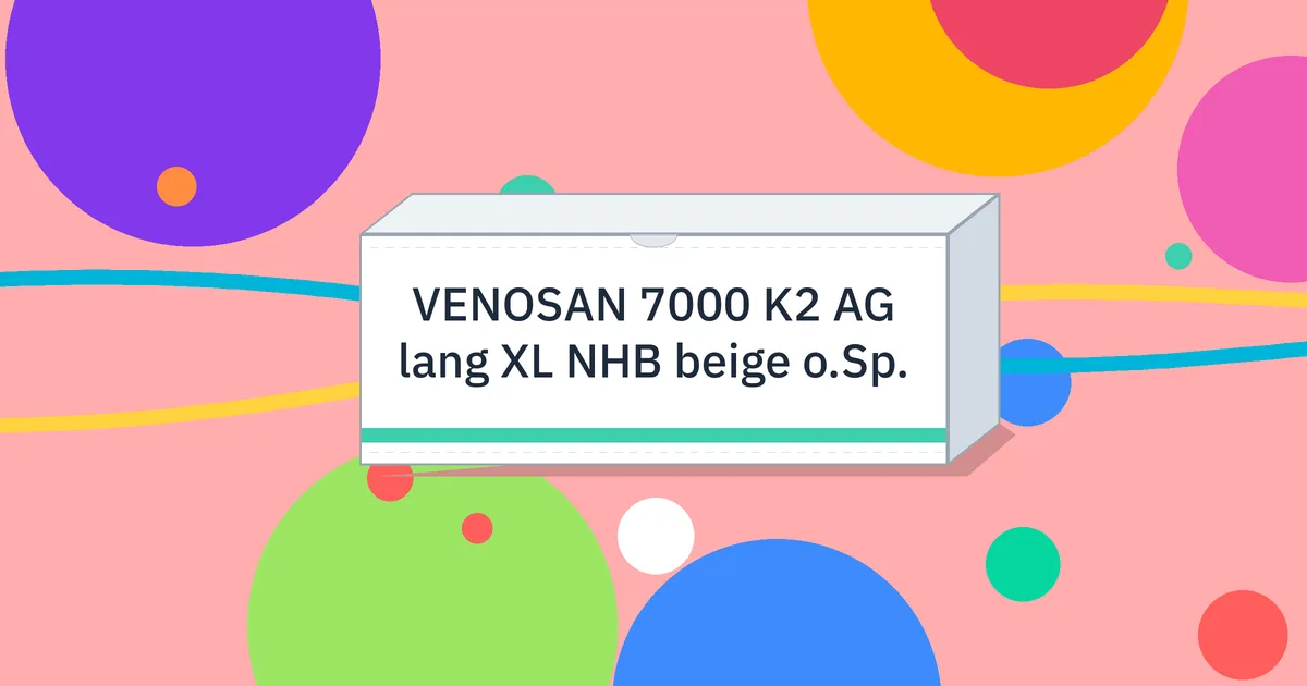 Symbolbild: Packung mit der Aufschrift VENOSAN 7000 K2 AG lang XL NHB beige o.Sp. (PZN 14434765) – Verfügbarkeit und Bezug in Apotheken in Frankfurt am Main