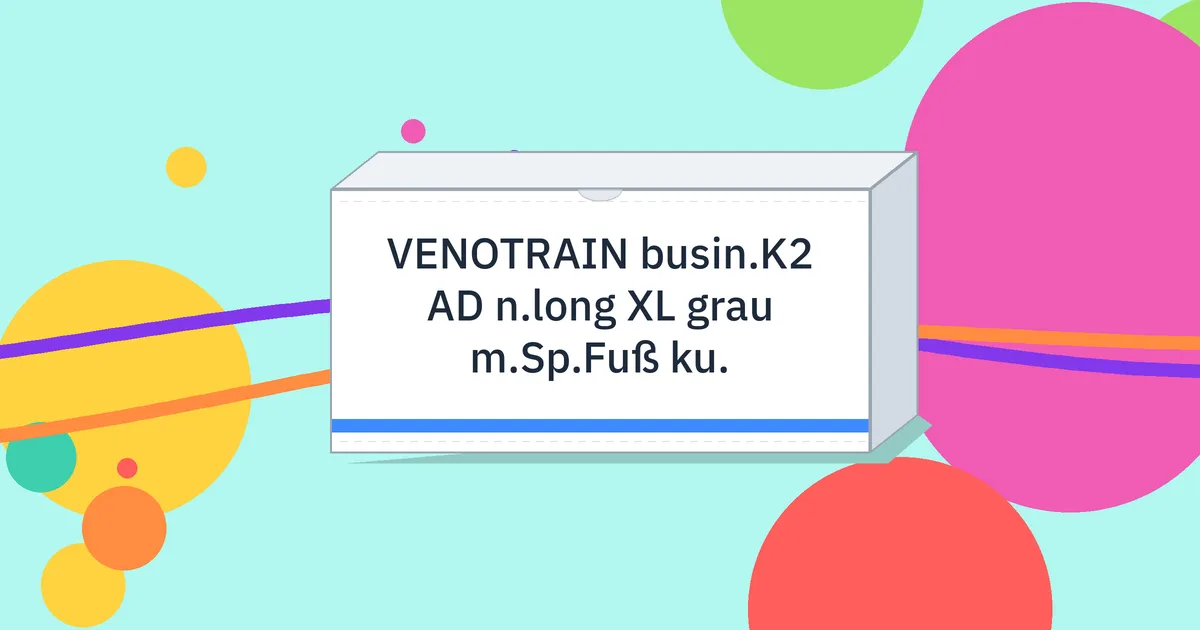 Symbolbild: Packung mit der Aufschrift VENOTRAIN busin.K2 AD n.long XL grau m.Sp.Fuß ku. (PZN 19057617) – Verfügbarkeit und Bezug in Apotheken in Frankfurt am Main