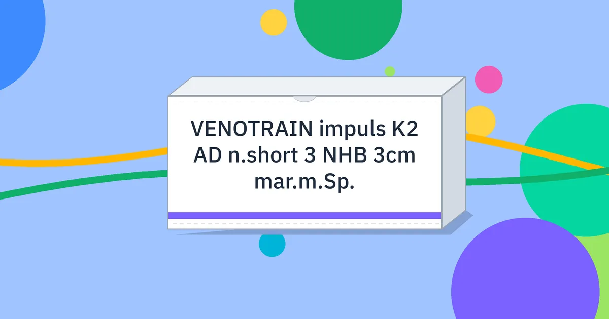 Symbolbild: Packung mit der Aufschrift VENOTRAIN impuls K2 AD n.short 3 NHB 3cm mar.m.Sp. (PZN 15223438) – Verfügbarkeit und Bezug in Apotheken in Frankfurt am Main