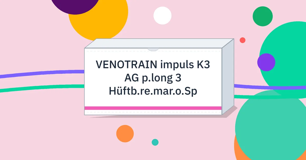 Symbolbild: Packung mit der Aufschrift VENOTRAIN impuls K3 AG p.long 3 Hüftb.re.mar.o.Sp (PZN 15218058) – Verfügbarkeit und Bezug in Apotheken in Frankfurt am Main