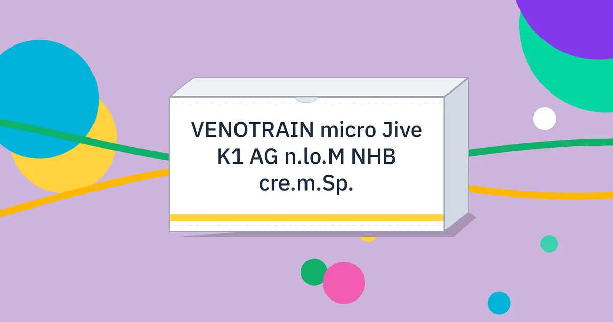 Symbolbild: Packung mit der Aufschrift VENOTRAIN micro Jive K1 AG n.lo.M NHB cre.m.Sp. (PZN 17763386) – Verfügbarkeit und Bezug in Apotheken in Frankfurt am Main