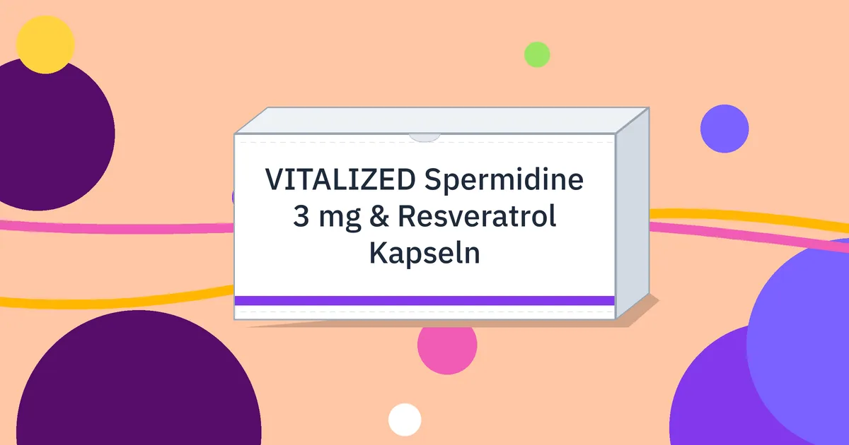 Symbolbild: Packung mit der Aufschrift VITALIZED Spermidine 3 mg & Resveratrol Kapseln (PZN 19636901) – Verfügbarkeit und Bezug in Apotheken in Frankfurt am Main