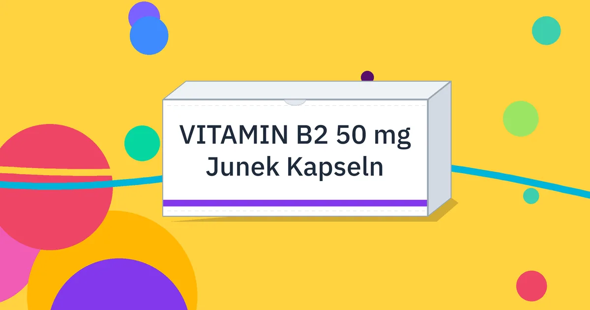 Symbolbild: Packung mit der Aufschrift VITAMIN B2 50 mg Junek Kapseln (PZN 16572253) – Verfügbarkeit und Bezug in Apotheken in Frankfurt am Main