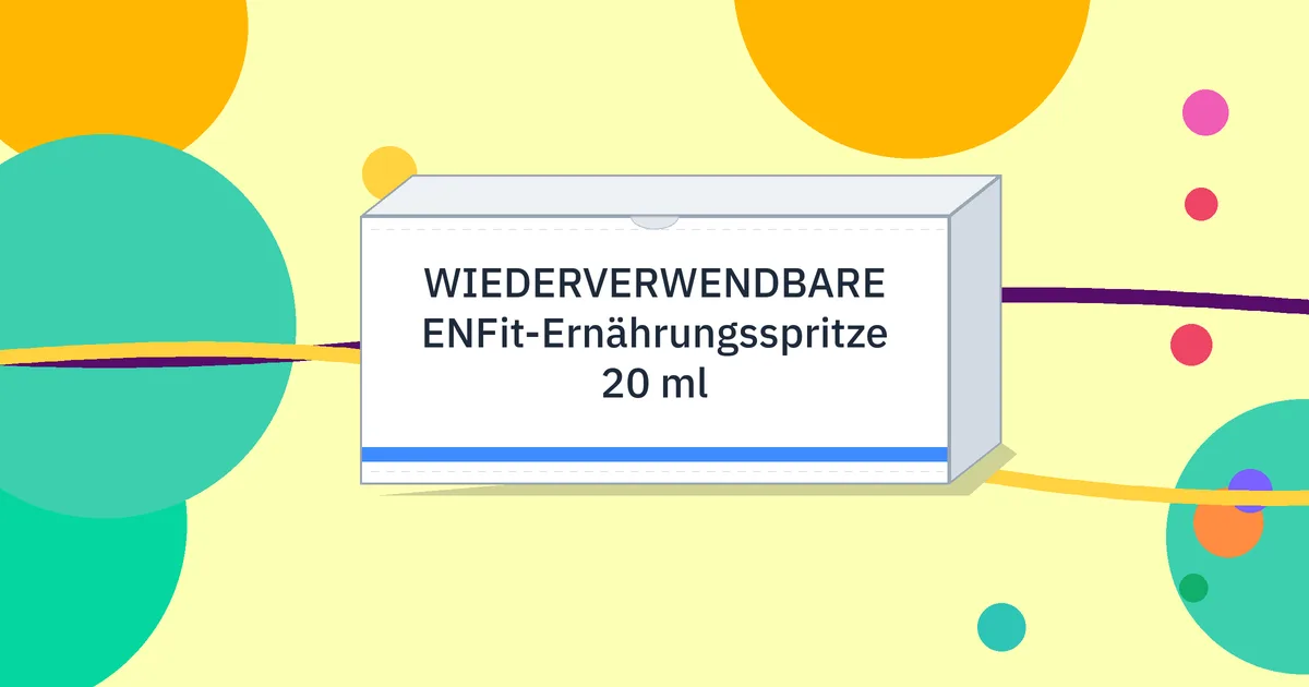 Symbolbild: Packung mit der Aufschrift WIEDERVERWENDBARE ENFit-Ernährungsspritze 20 ml (PZN 19997071) – Verfügbarkeit und Bezug in Apotheken in Frankfurt am Main