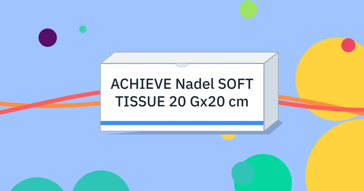 Symbolbild: Packung mit der Aufschrift ACHIEVE Nadel SOFT TISSUE 20 Gx20 cm (PZN 18763589) – Verfügbarkeit und Bezug in Apotheken in Frankfurt am Main