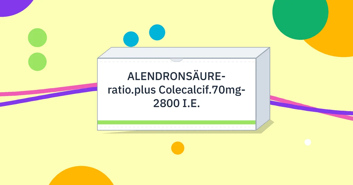 Symbolbild: Packung mit der Aufschrift ALENDRONSÄURE-ratio.plus Colecalcif.70mg-2800 I.E. (PZN 10250637) – Verfügbarkeit und Bezug in Apotheken in Frankfurt am Main