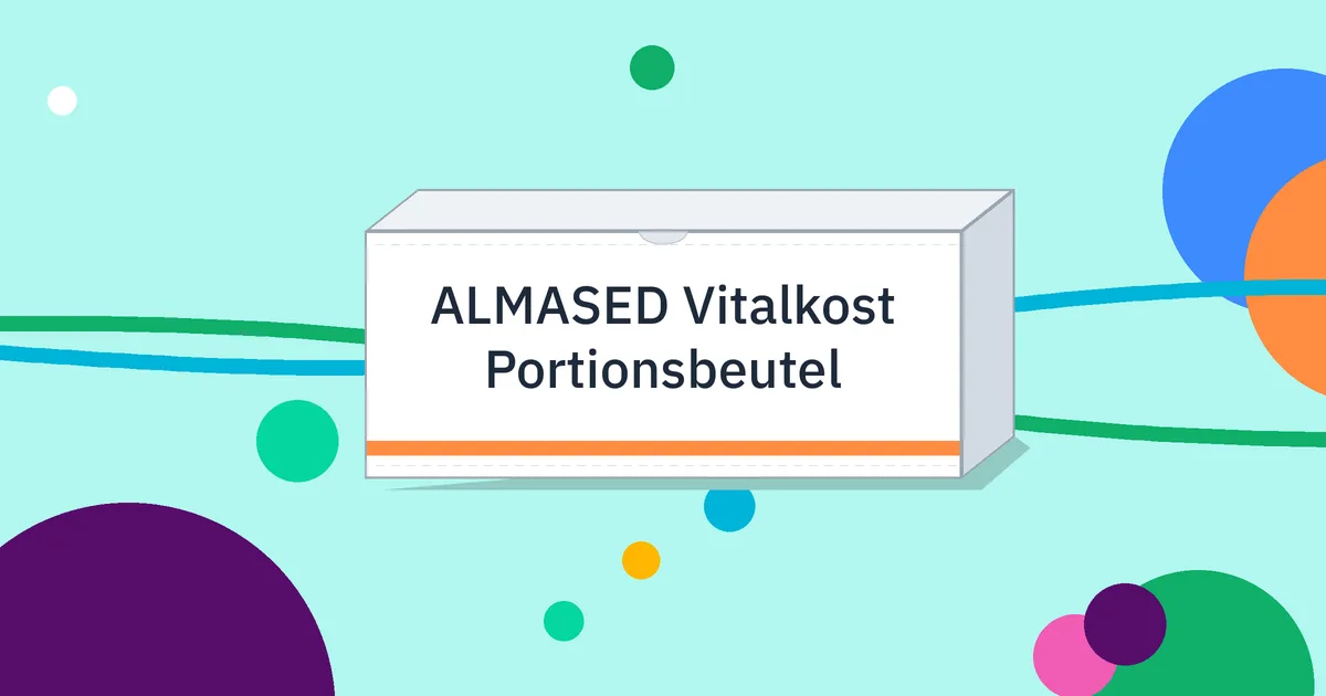 Symbolbild: Packung mit der Aufschrift ALMASED Vitalkost Portionsbeutel (PZN 07115605) – Verfügbarkeit und Bezug in Apotheken in Frankfurt am Main