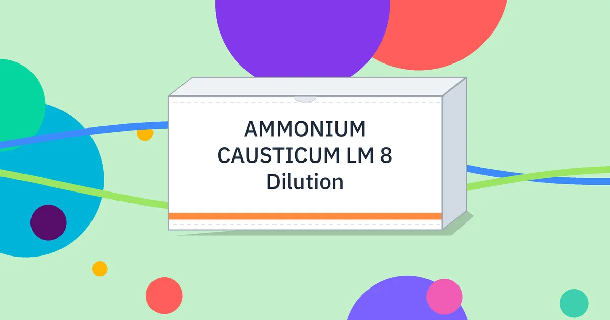 Symbolbild: Packung mit der Aufschrift AMMONIUM CAUSTICUM LM 8 Dilution (PZN 13320835) – Verfügbarkeit und Bezug in Apotheken in Frankfurt am Main