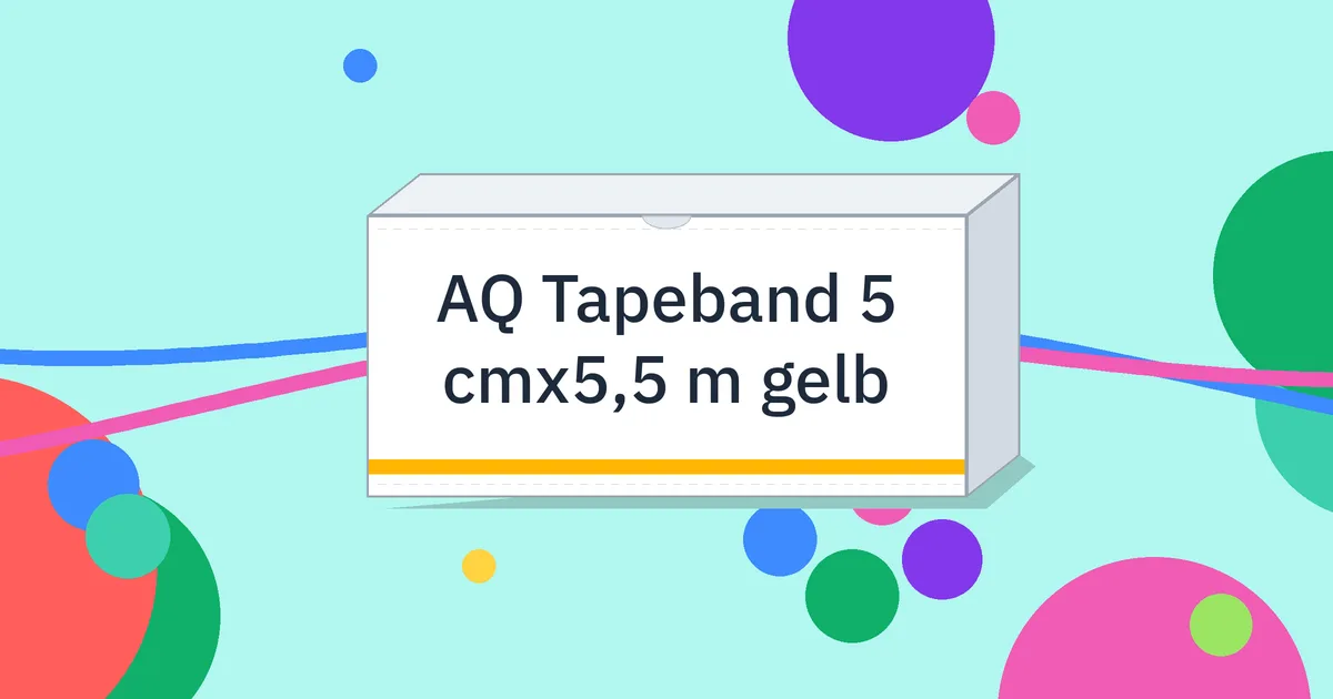 Symbolbild: Packung mit der Aufschrift AQ Tapeband 5 cmx5,5 m gelb (PZN 04700289) – Verfügbarkeit und Bezug in Apotheken in Frankfurt am Main