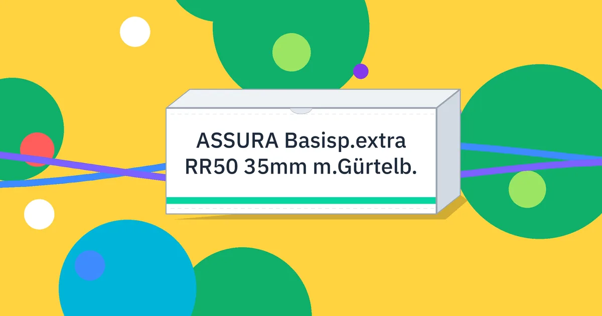 Symbolbild: Packung mit der Aufschrift ASSURA Basisp.extra RR50 35mm m.Gürtelb. (PZN 04077318) – Verfügbarkeit und Bezug in Apotheken in Frankfurt am Main
