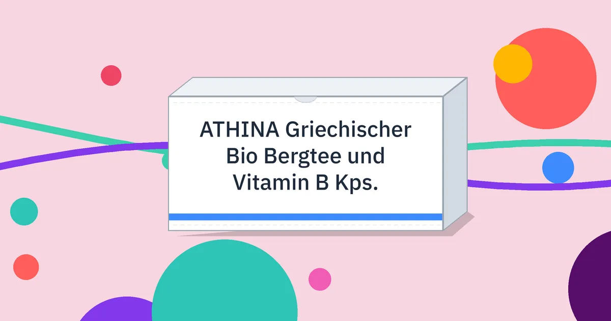 Symbolbild: Packung mit der Aufschrift ATHINA Griechischer Bio Bergtee und Vitamin B Kps. (PZN 20207890) – Verfügbarkeit und Bezug in Apotheken in Frankfurt am Main