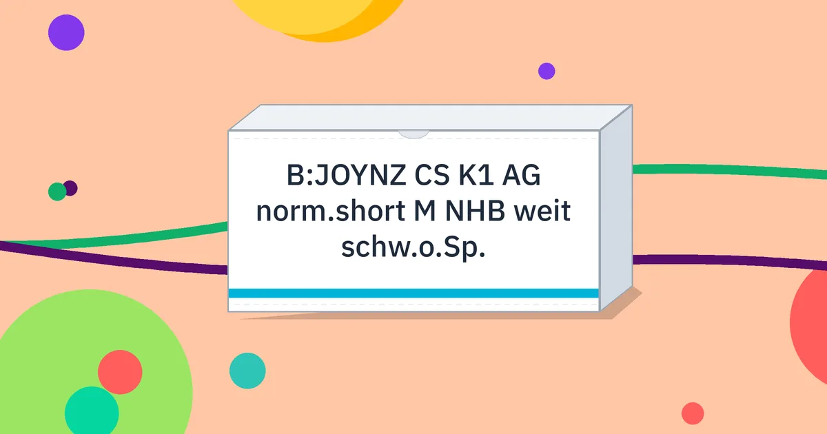 Symbolbild: Packung mit der Aufschrift B:JOYNZ CS K1 AG norm.short M NHB weit schw.o.Sp. (PZN 20532756) – Verfügbarkeit und Bezug in Apotheken in Frankfurt am Main