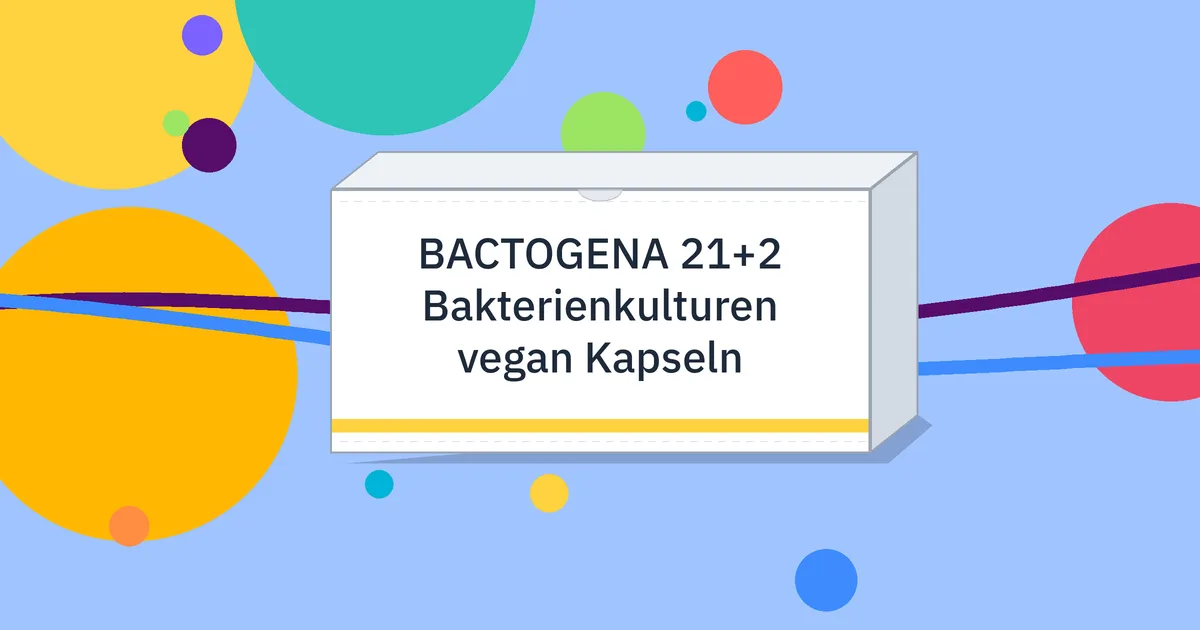 Symbolbild: Packung mit der Aufschrift BACTOGENA 21+2 Bakterienkulturen vegan Kapseln (PZN 20284347) – Verfügbarkeit und Bezug in Apotheken in Frankfurt am Main