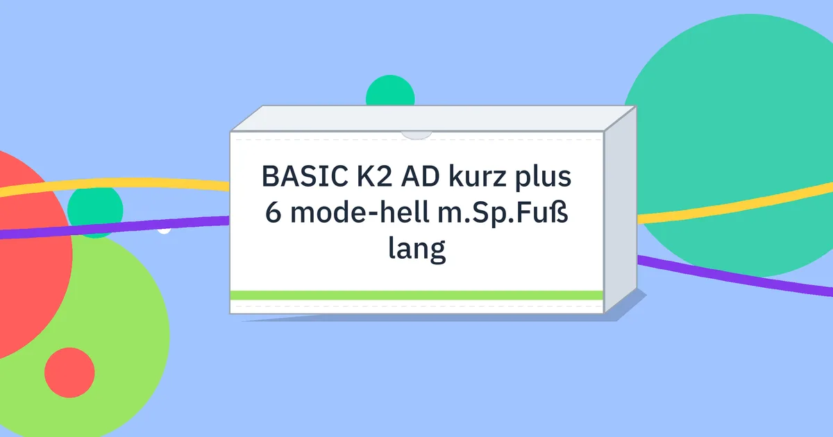 Symbolbild: Packung mit der Aufschrift BASIC K2 AD kurz plus 6 mode-hell m.Sp.Fuß lang (PZN 20265864) – Verfügbarkeit und Bezug in Apotheken in Frankfurt am Main