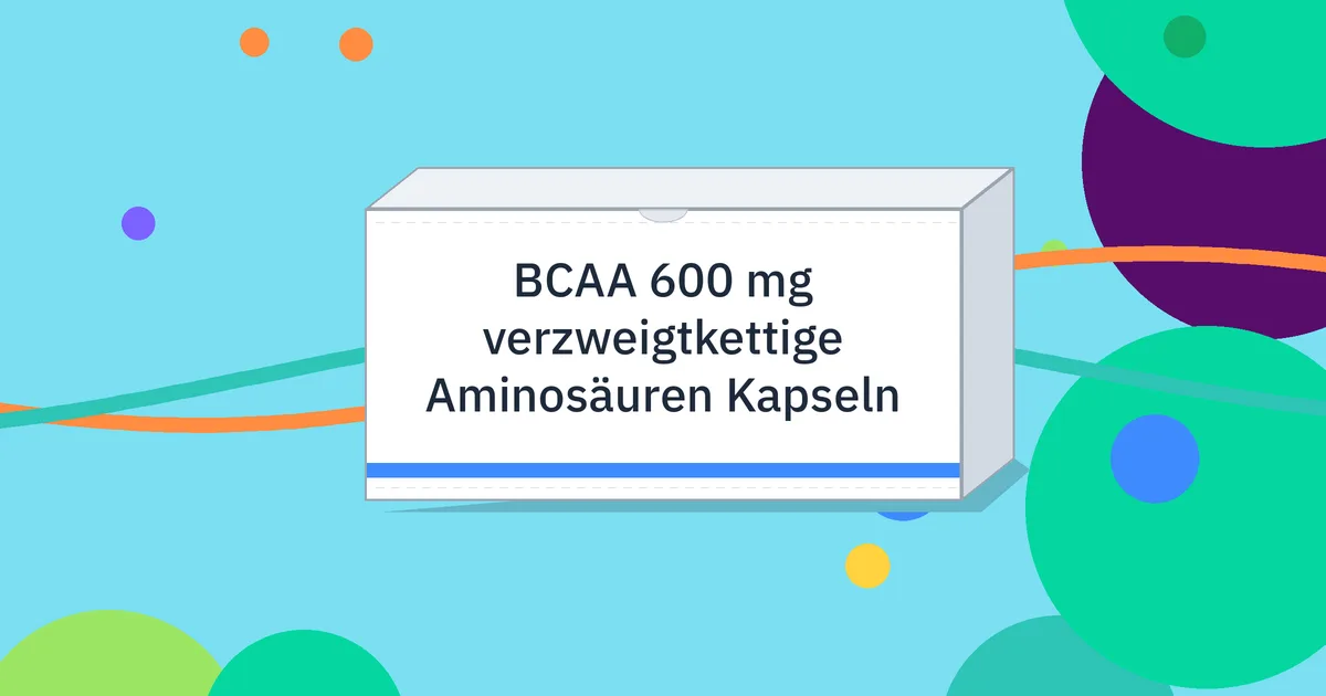 Symbolbild: Packung mit der Aufschrift BCAA 600 mg verzweigtkettige Aminosäuren Kapseln (PZN 15736801) – Verfügbarkeit und Bezug in Apotheken in Frankfurt am Main
