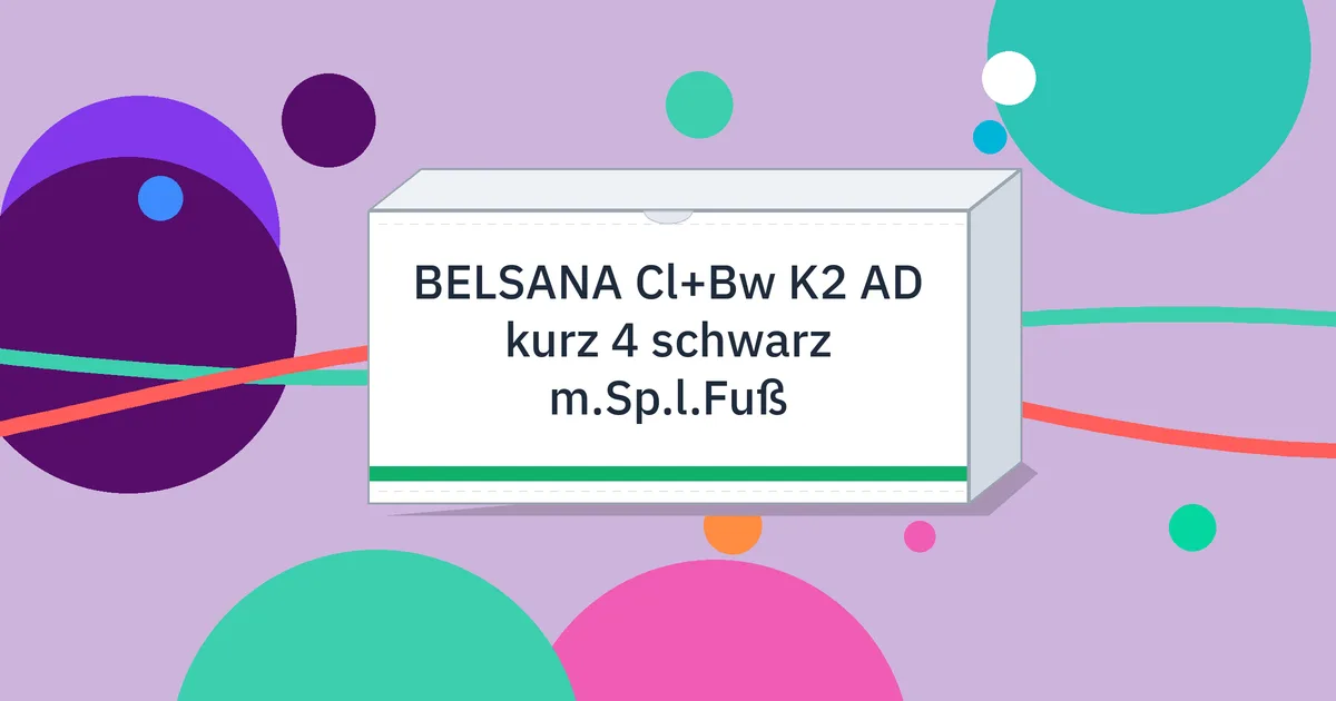 Symbolbild: Packung mit der Aufschrift BELSANA Cl+Bw K2 AD kurz 4 schwarz m.Sp.l.Fuß (PZN 12241424) – Verfügbarkeit und Bezug in Apotheken in Frankfurt am Main