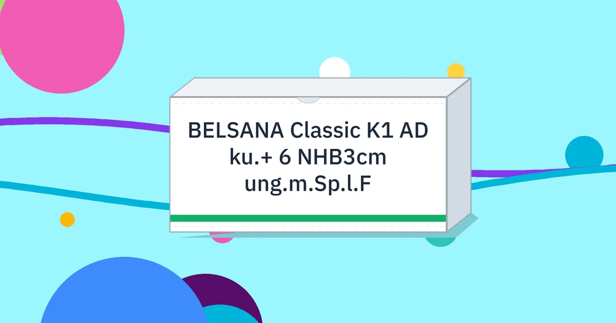 Symbolbild: Packung mit der Aufschrift BELSANA Classic K1 AD ku.+ 6 NHB3cm ung.m.Sp.l.F (PZN 19257569) – Verfügbarkeit und Bezug in Apotheken in Frankfurt am Main