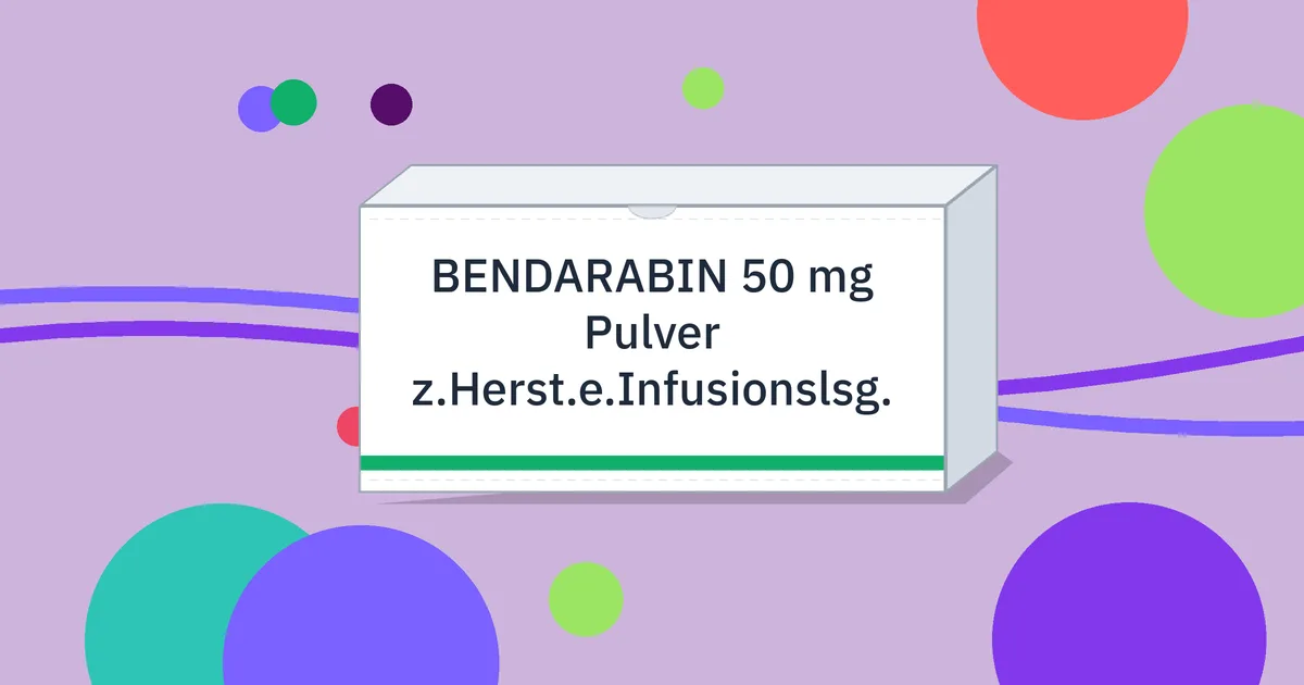 Symbolbild: Packung mit der Aufschrift BENDARABIN 50 mg Pulver z.Herst.e.Infusionslsg. (PZN 06103095) – Verfügbarkeit und Bezug in Apotheken in Frankfurt am Main