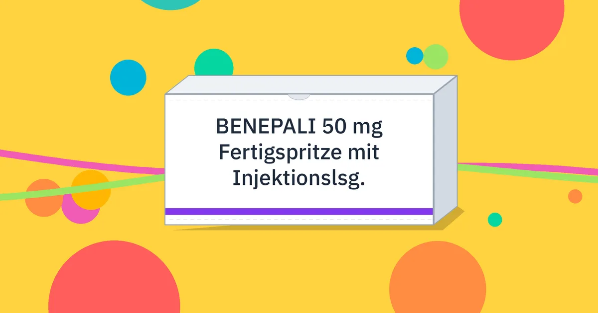 Symbolbild: Packung mit der Aufschrift BENEPALI 50 mg Fertigspritze mit Injektionslsg. (PZN 12507543) – Verfügbarkeit und Bezug in Apotheken in Frankfurt am Main