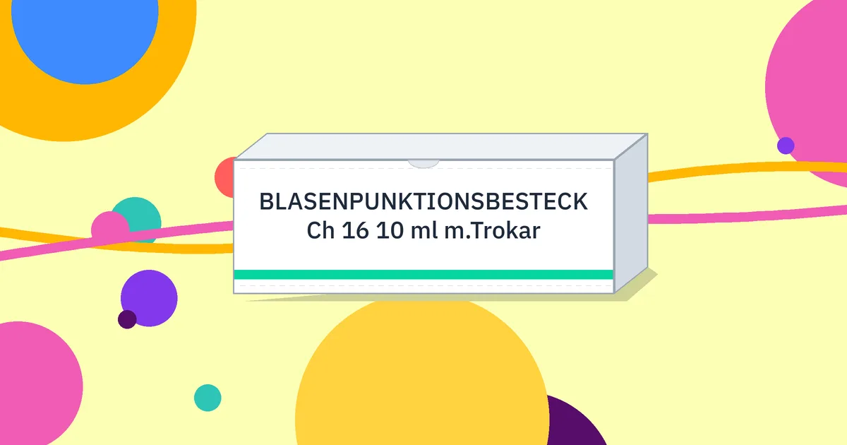 Symbolbild: Packung mit der Aufschrift BLASENPUNKTIONSBESTECK Ch 16 10 ml m.Trokar (PZN 12567083) – Verfügbarkeit und Bezug in Apotheken in Frankfurt am Main
