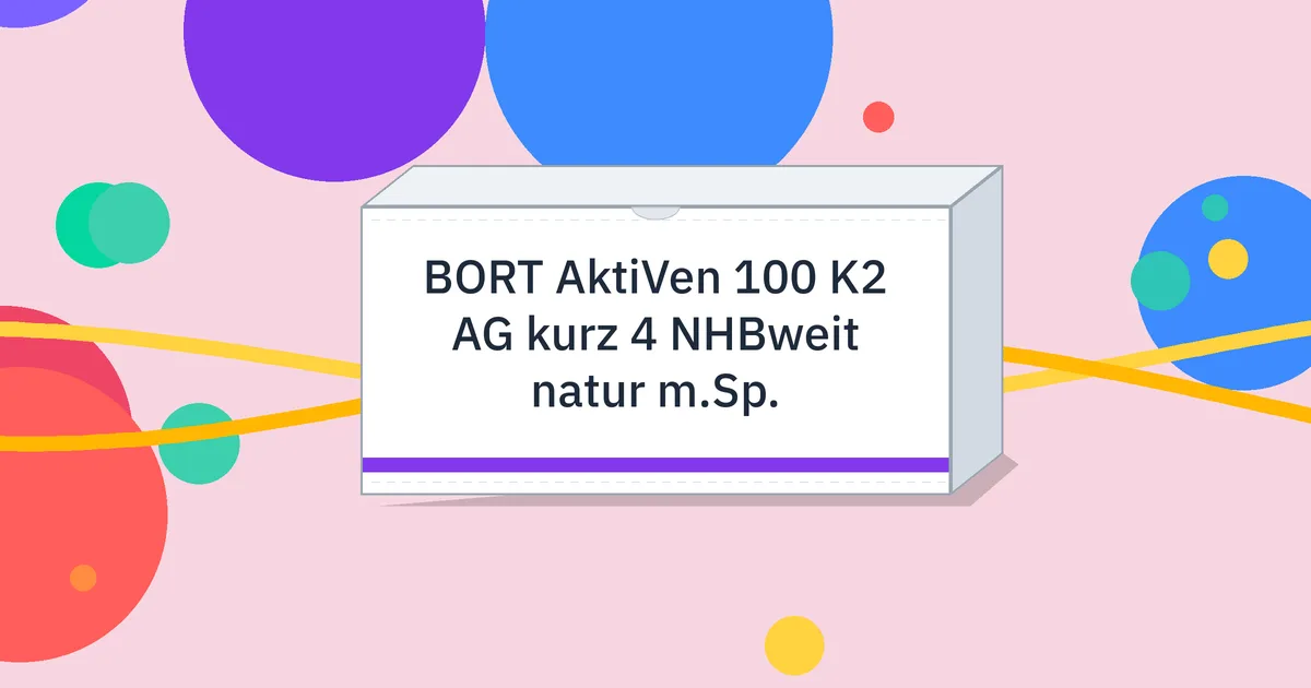Symbolbild: Packung mit der Aufschrift BORT AktiVen 100 K2 AG kurz 4 NHBweit natur m.Sp. (PZN 13730651) – Verfügbarkeit und Bezug in Apotheken in Frankfurt am Main