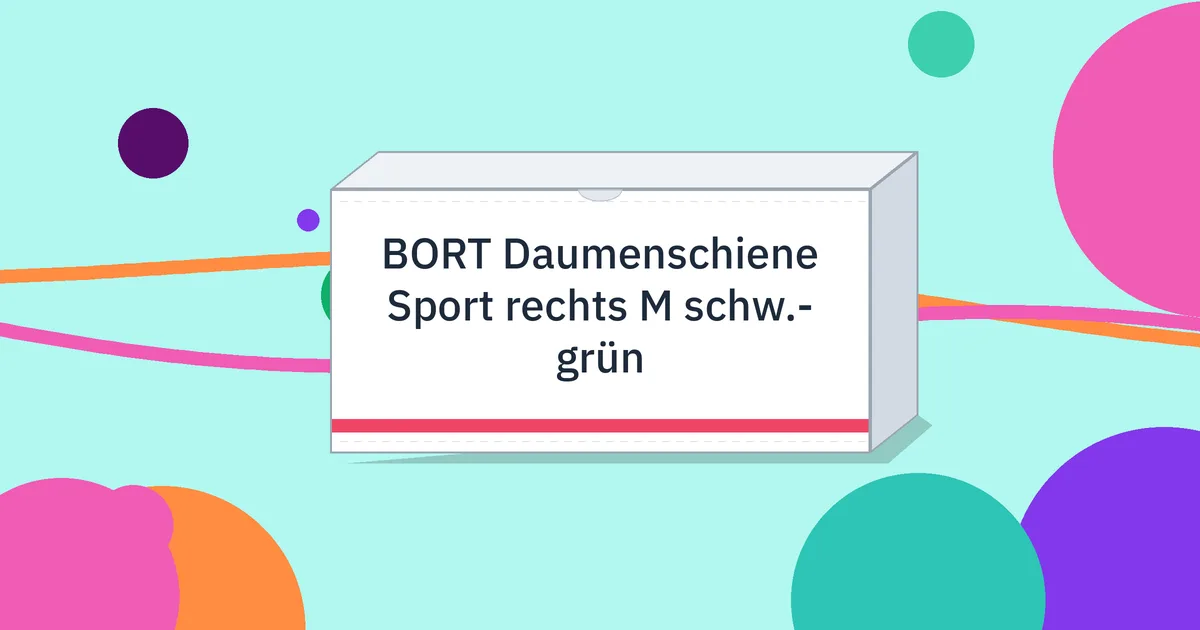 Symbolbild: Packung mit der Aufschrift BORT Daumenschiene Sport rechts M schw.-grün (PZN 16846963) – Verfügbarkeit und Bezug in Apotheken in Frankfurt am Main