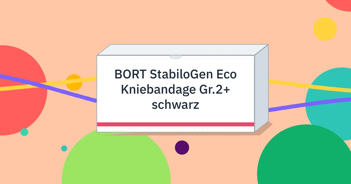 Symbolbild: Packung mit der Aufschrift BORT StabiloGen Eco Kniebandage Gr.2+ schwarz (PZN 16845165) – Verfügbarkeit und Bezug in Apotheken in Frankfurt am Main