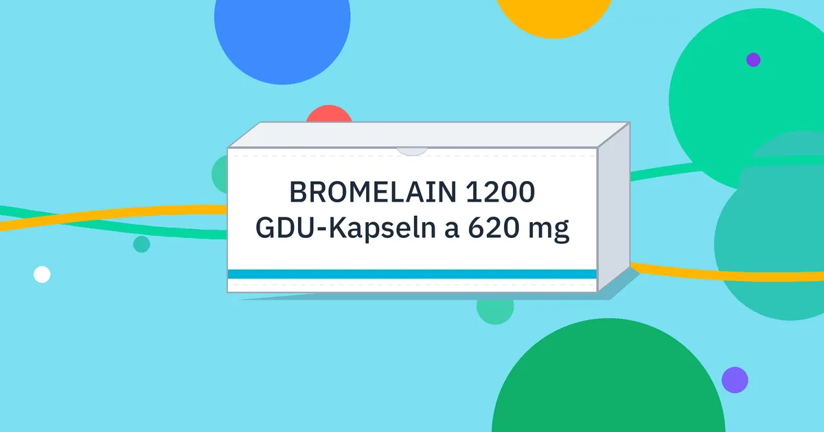 Symbolbild: Packung mit der Aufschrift BROMELAIN 1200 GDU-Kapseln a 620 mg (PZN 17568377) – Verfügbarkeit und Bezug in Apotheken in Frankfurt am Main