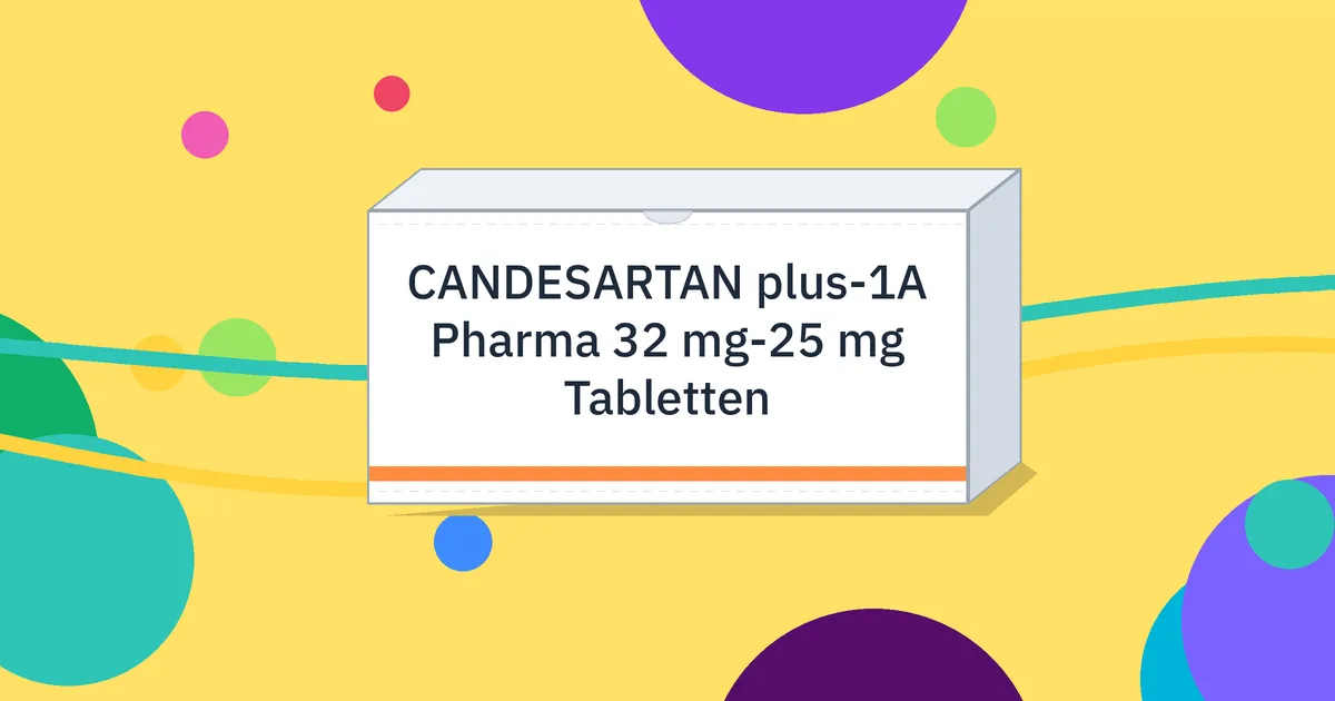 Symbolbild: Packung mit der Aufschrift CANDESARTAN plus-1A Pharma 32 mg-25 mg Tabletten (PZN 06079149) – Verfügbarkeit und Bezug in Apotheken in Frankfurt am Main