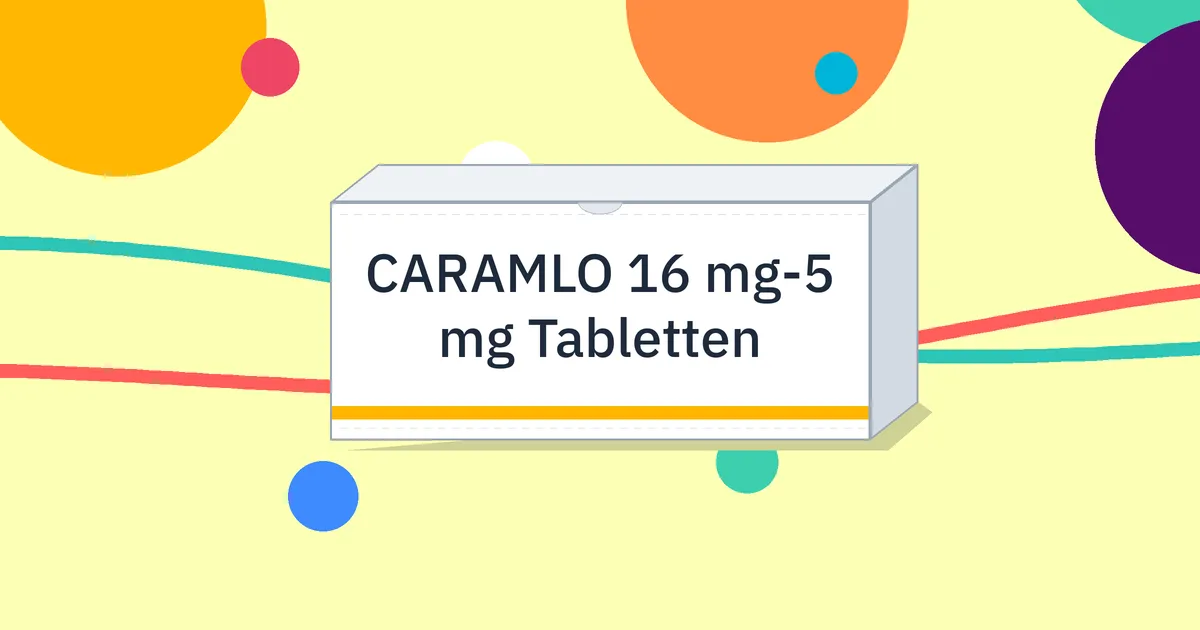 Symbolbild: Packung mit der Aufschrift CARAMLO 16 mg-5 mg Tabletten (PZN 19420294) – Verfügbarkeit und Bezug in Apotheken in Frankfurt am Main