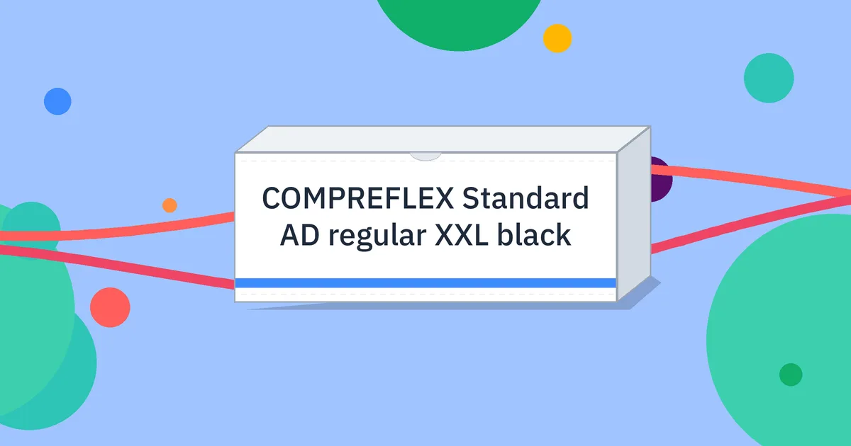 Symbolbild: Packung mit der Aufschrift COMPREFLEX Standard AD regular XXL black (PZN 19534980) – Verfügbarkeit und Bezug in Apotheken in Frankfurt am Main