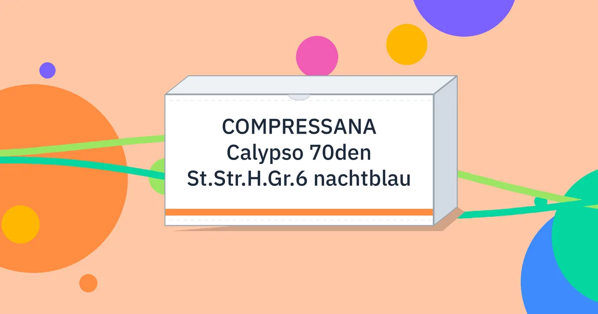 Symbolbild: Packung mit der Aufschrift COMPRESSANA Calypso 70den St.Str.H.Gr.6 nachtblau (PZN 07718887) – Verfügbarkeit und Bezug in Apotheken in Frankfurt am Main