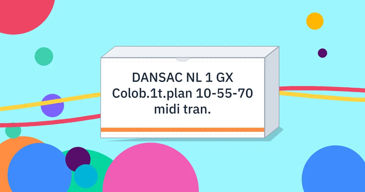 Symbolbild: Packung mit der Aufschrift DANSAC NL 1 GX Colob.1t.plan 10-55-70 midi tran. (PZN 08843206) – Verfügbarkeit und Bezug in Apotheken in Frankfurt am Main
