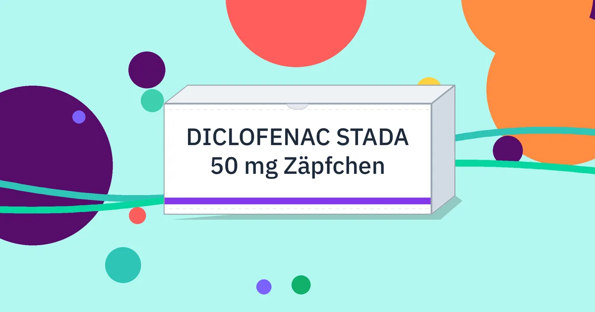 Symbolbild: Packung mit der Aufschrift DICLOFENAC STADA 50 mg Zäpfchen (PZN 03472202) – Verfügbarkeit und Bezug in Apotheken in Frankfurt am Main