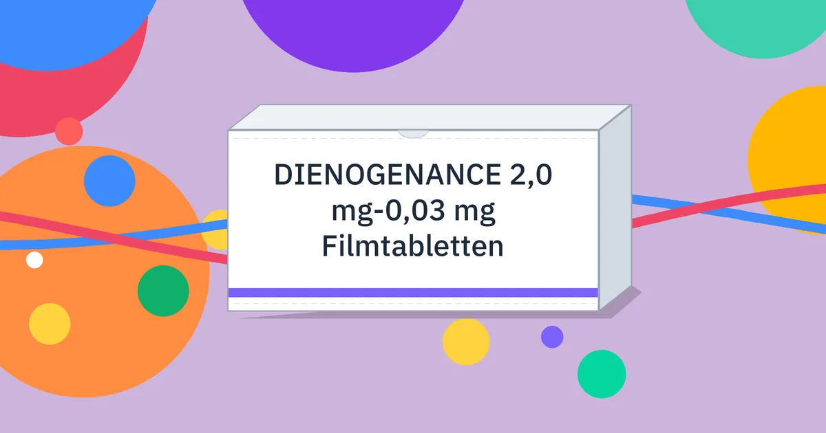 Symbolbild: Packung mit der Aufschrift DIENOGENANCE 2,0 mg-0,03 mg Filmtabletten (PZN 10394997) – Verfügbarkeit und Bezug in Apotheken in Frankfurt am Main